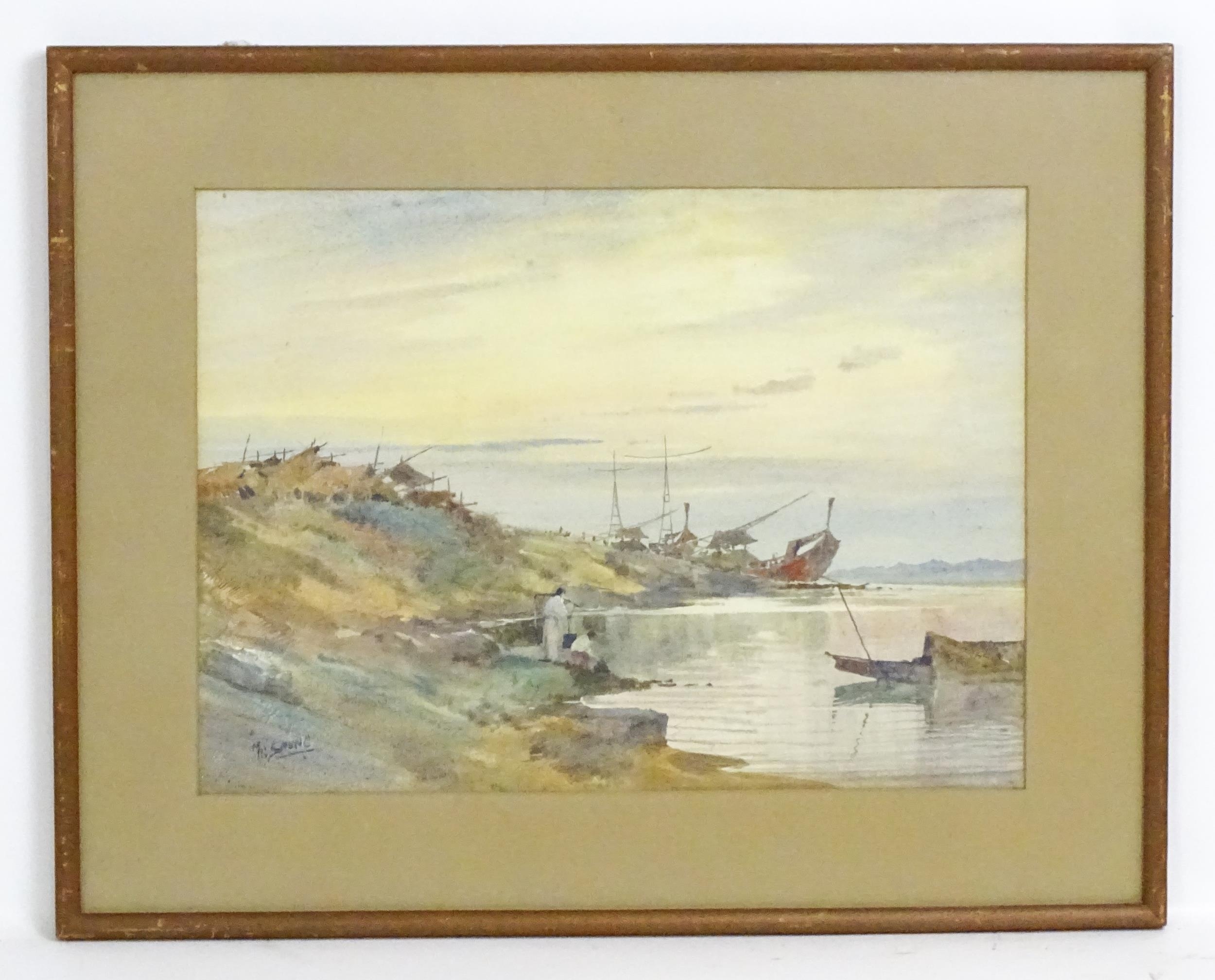 Saya Saung | A Burmese river scene with anchored boats (1910) | MutualArt