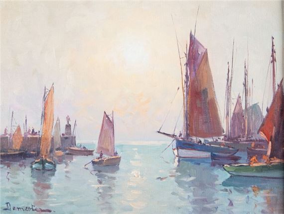 Eugène Demester | Retour des pêcheurs au soleil couchant en Bretagne ...