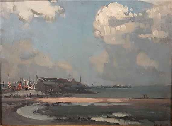 Herbert Rollett | oil on board Yorkshire Harbour Scene 45.5cm x 37cm ...