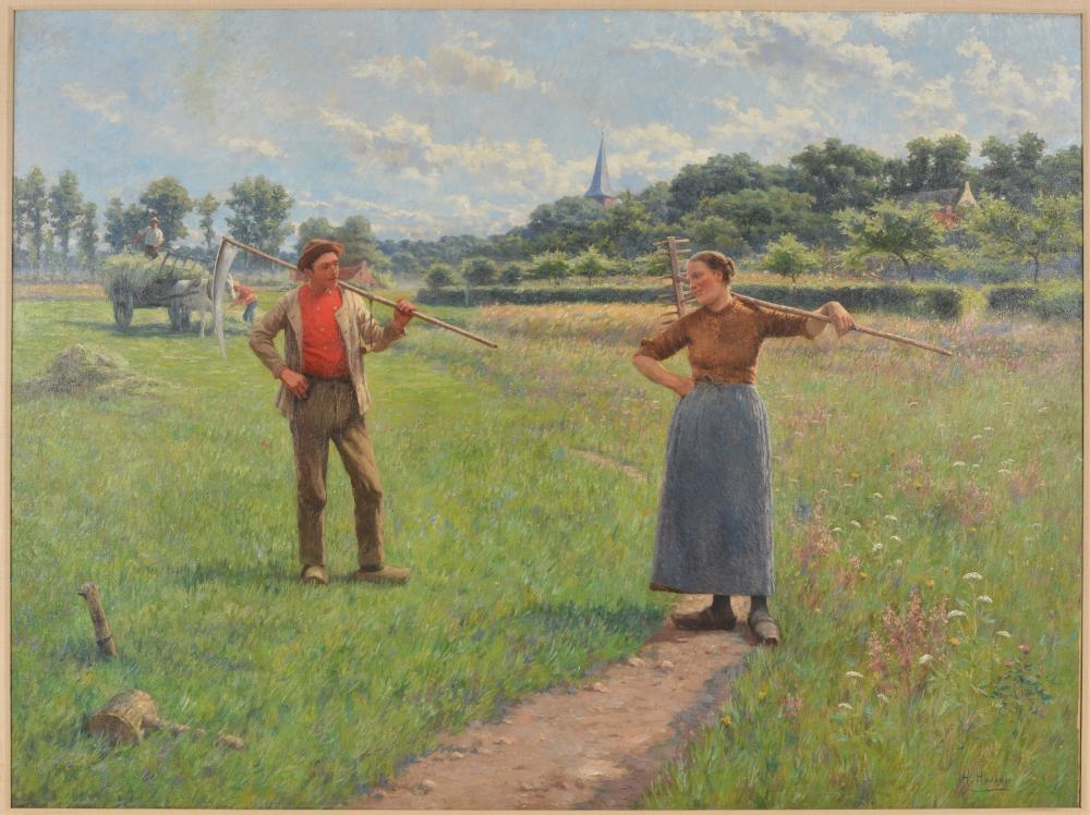 Henri Houben | Large bright summer landscape with farmers in a field of ...