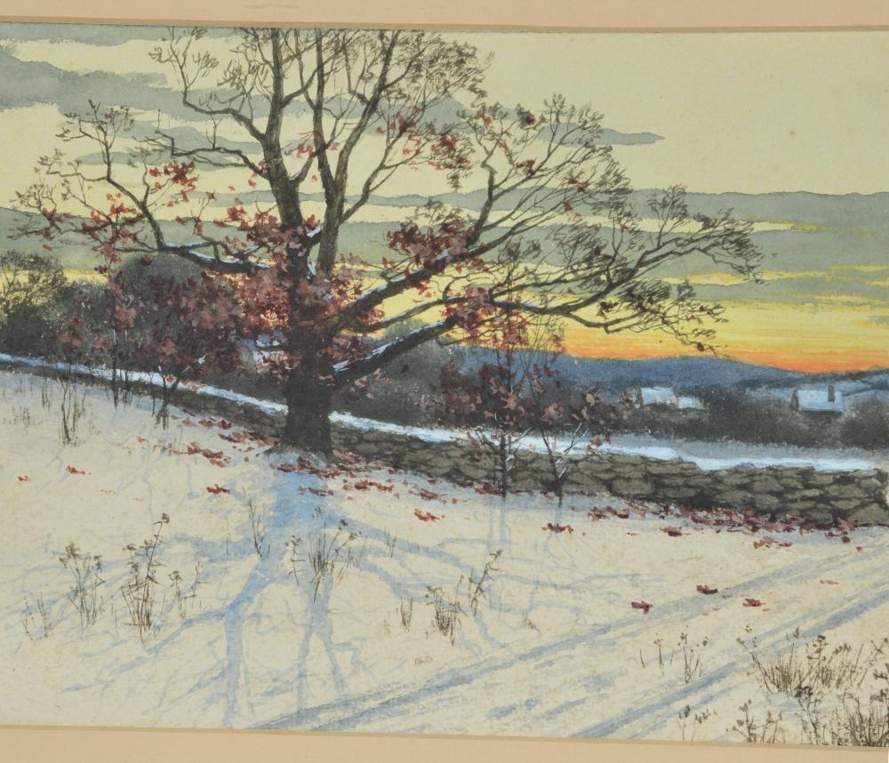 Charles Grant Davidson | Winter sunset with stonewall and village (1889 ...