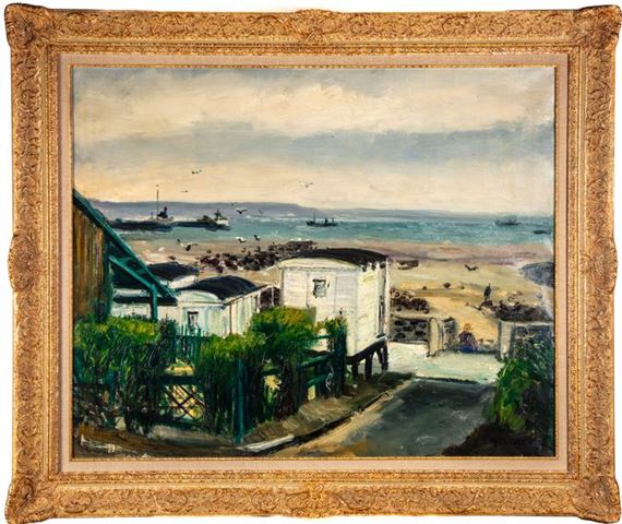 Gaston Sébire | Cabins on a Normandy beach on an overcast day | MutualArt