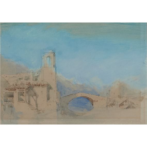 John Ruskin | Italian River Landscape with Houses and Bridge | MutualArt