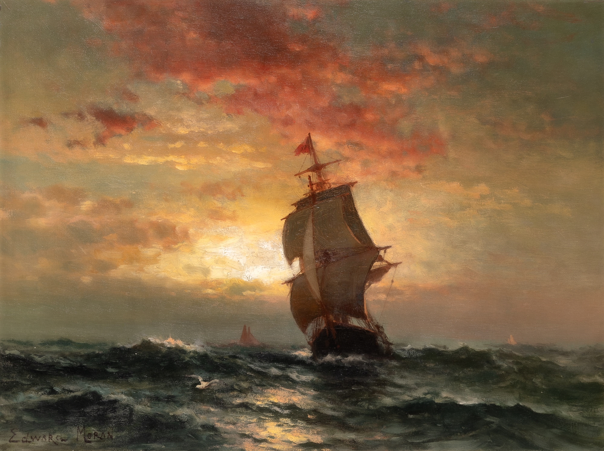 Edward Moran | Ship at Sunset | MutualArt