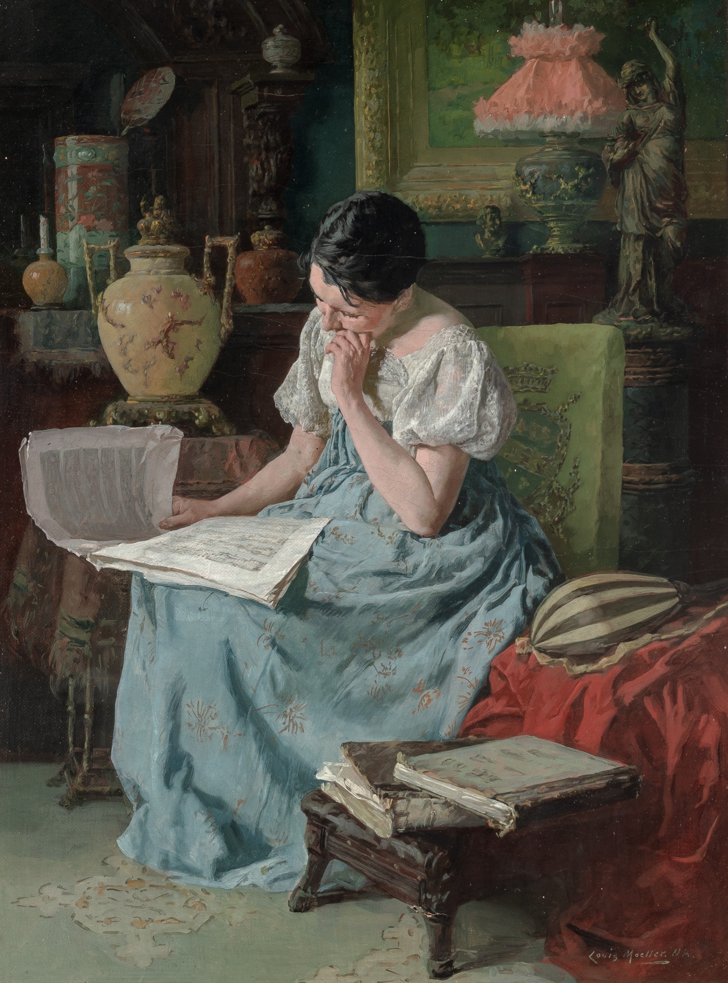 Louis Charles Moeller | Elegant Woman Looking at a Print (1885) | MutualArt
