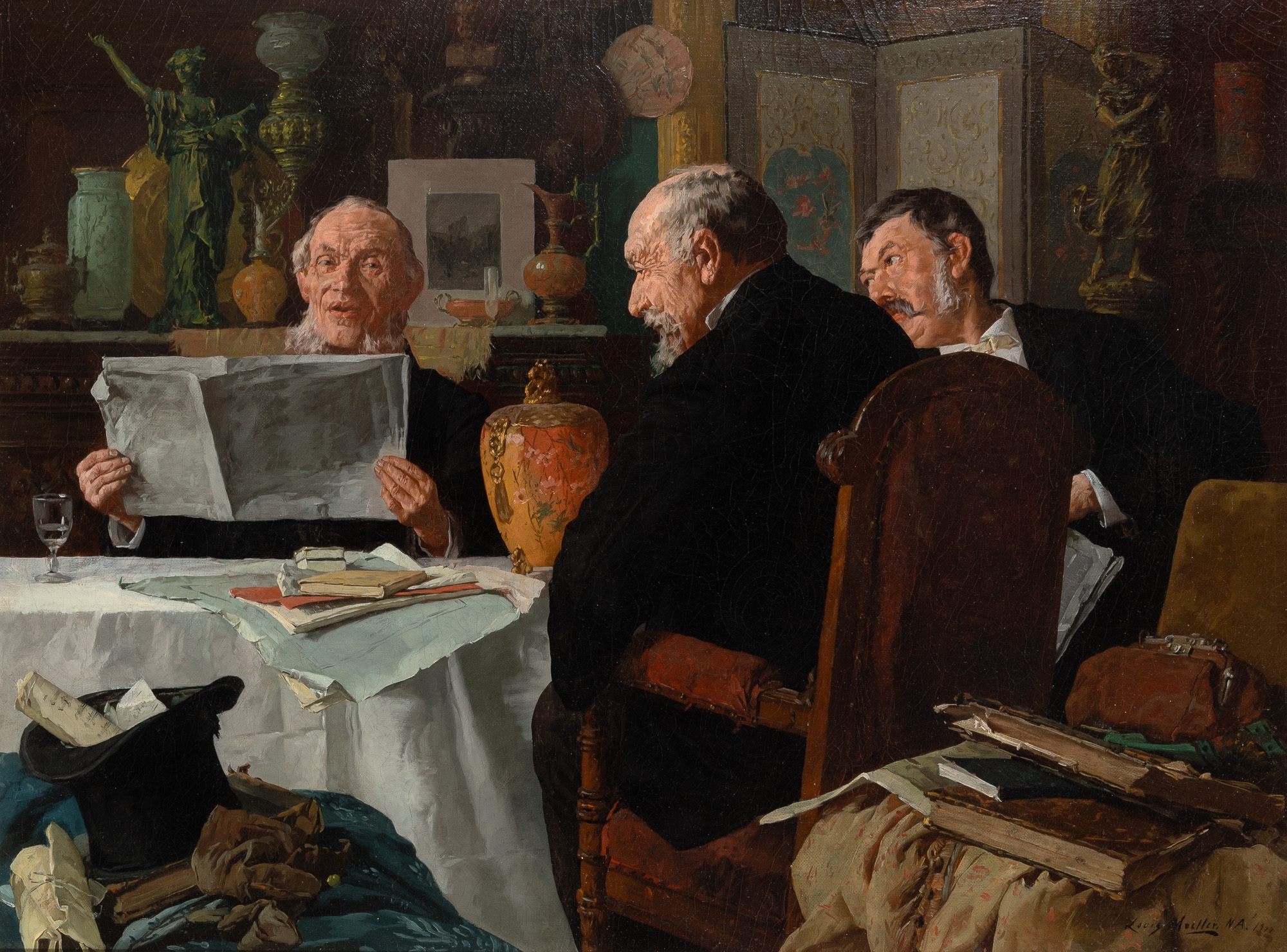 Louis Charles Moeller | Elegant Woman Looking at a Print (1885) | MutualArt