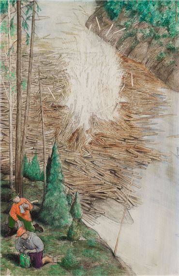 William Kurelek | Dynamiting the Log Jam (1973) | MutualArt