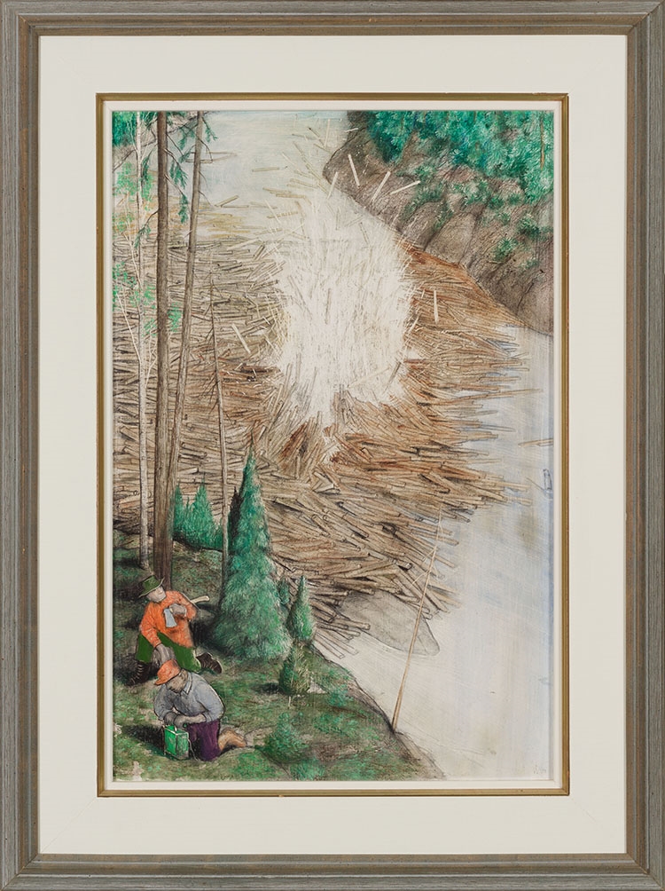 William Kurelek | Dynamiting the Log Jam (1973) | MutualArt