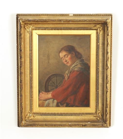 William Henry Haines | lady seated by a spinning wheel (1879) | MutualArt