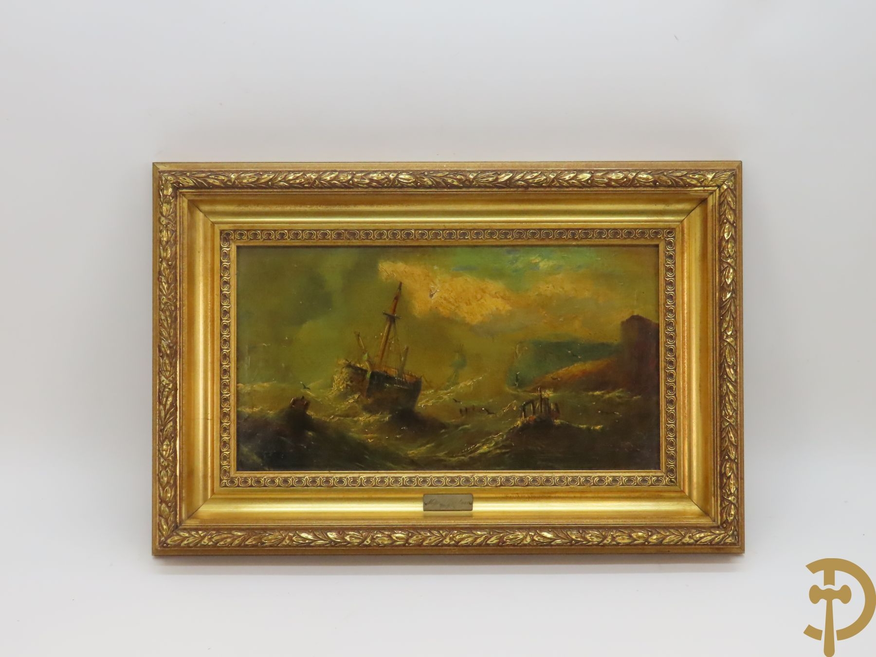 M. Sinclair | Stormachtige zee met boten aan de rotskust | MutualArt