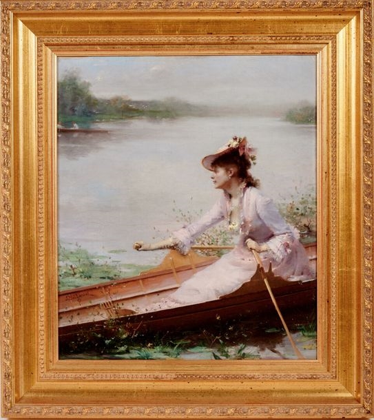Jules Frédéric Ballavoine | Young Elegant Woman in a Boat Oil on canvas ...