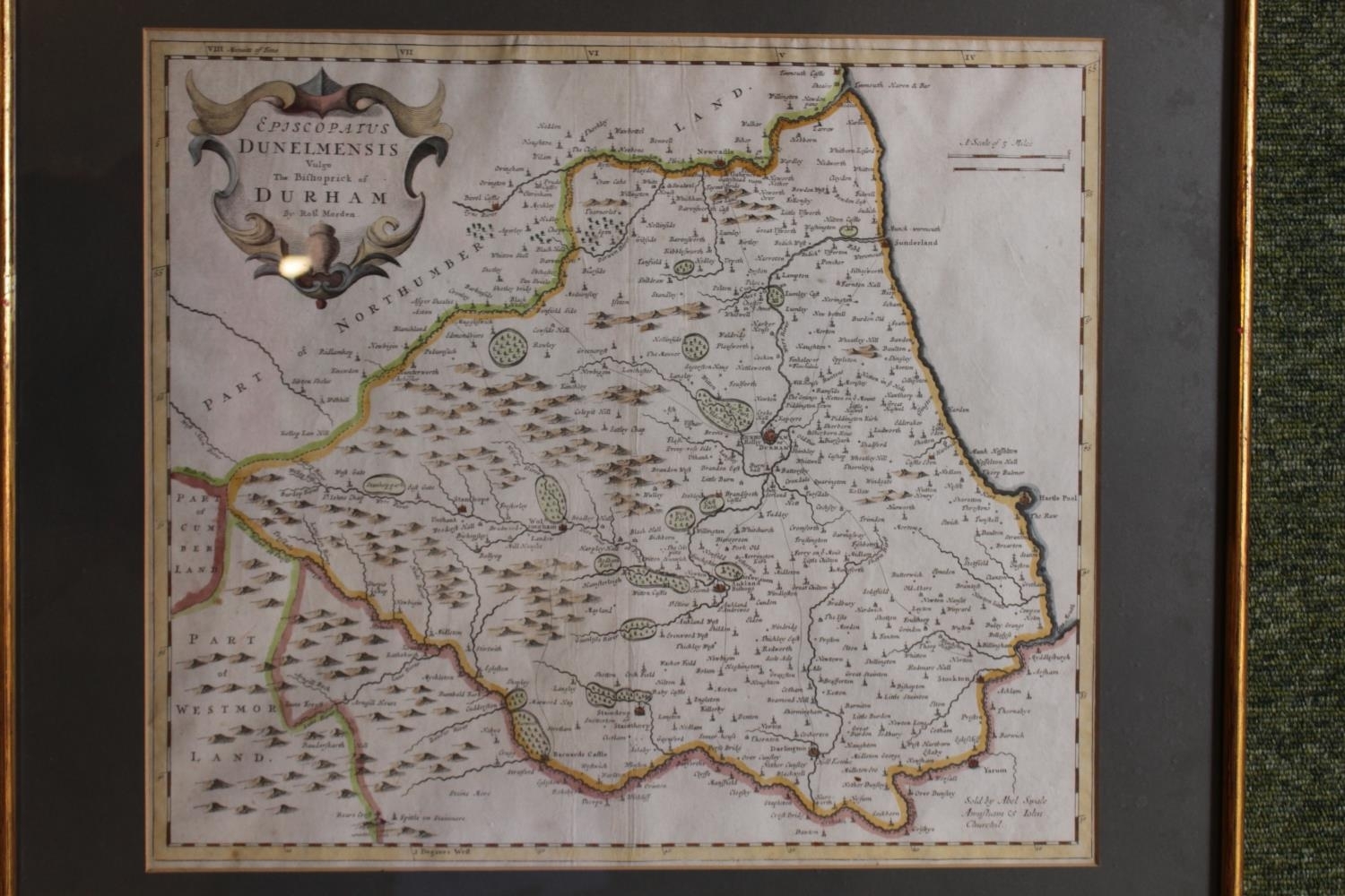 Robert Morden | thC Framed Coloured map of Durham by Robert Morden. x ...