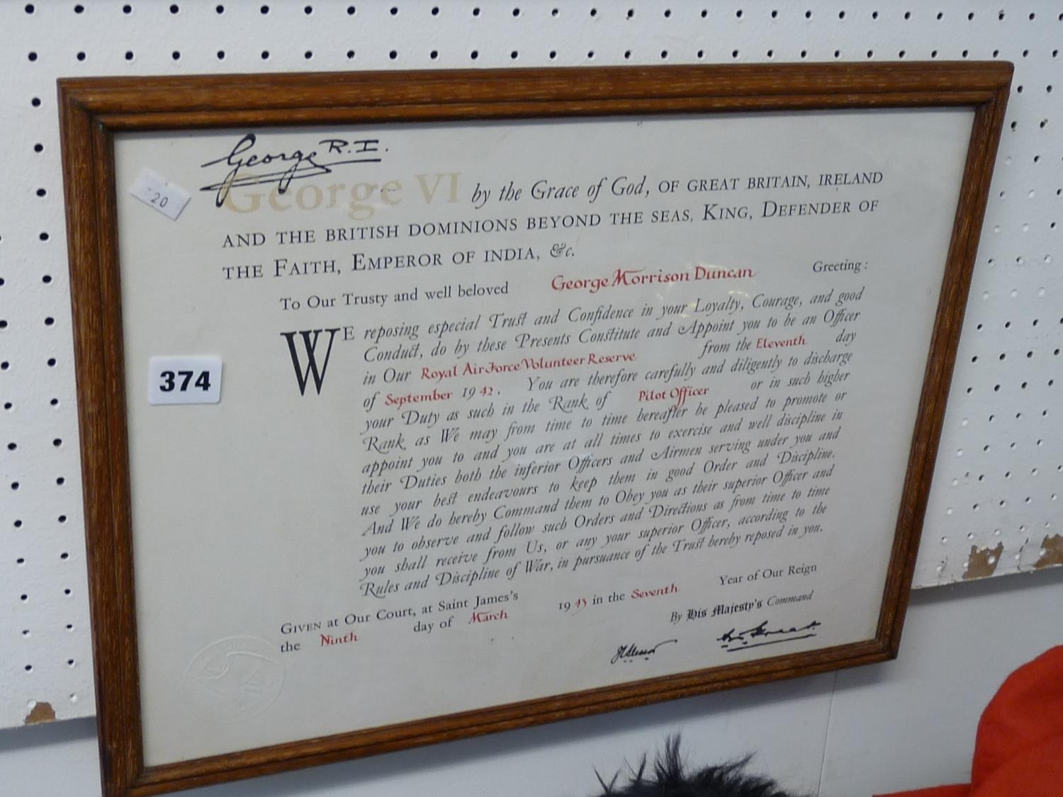 George Morrison | George VI framed certificate to George Morrison ...