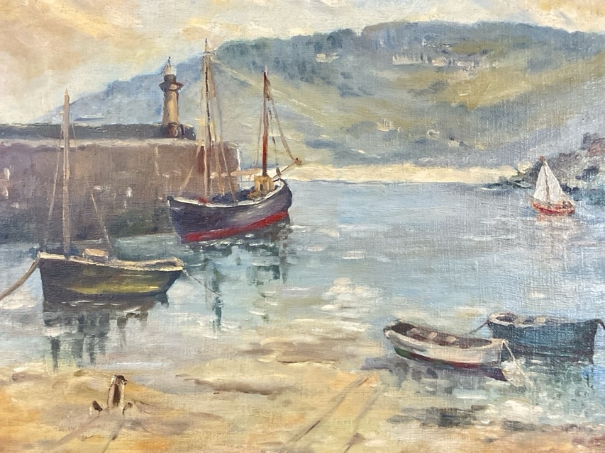 Muriel Allsop | harbour scene with fishing boats by a pier | MutualArt