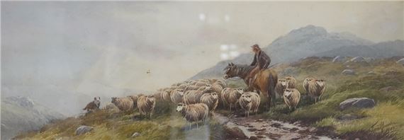 Thomas Rowden | Mountainous landscape with flock of sheep and shepherd ...