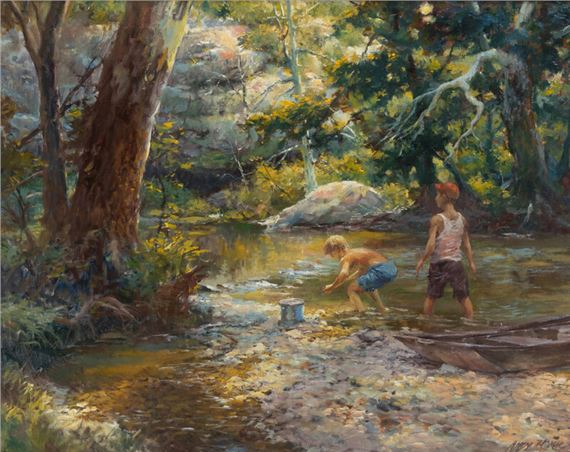 Andy Thomas | Andy Thomas (American, b. 1957) Kids at the Creek | MutualArt