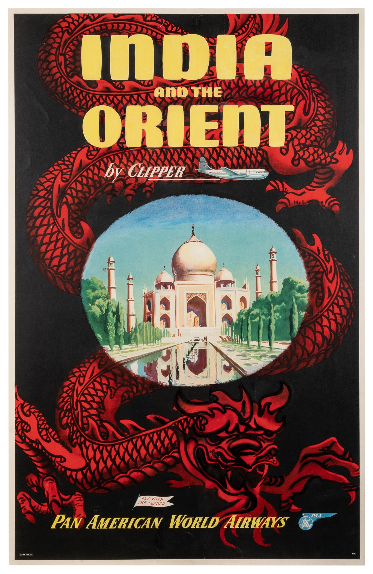 Pan American | Offset lithograph depicting the Taj Mahal with a dragon ...
