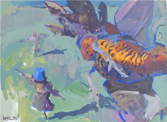 Andrew Haslen | Striking Pheasant Over Field of Scarecrows | MutualArt