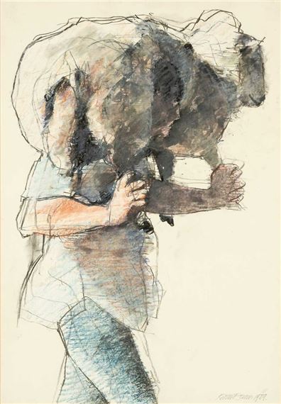 Keith Bowen | shepherd carrying a sheep (1989) | MutualArt