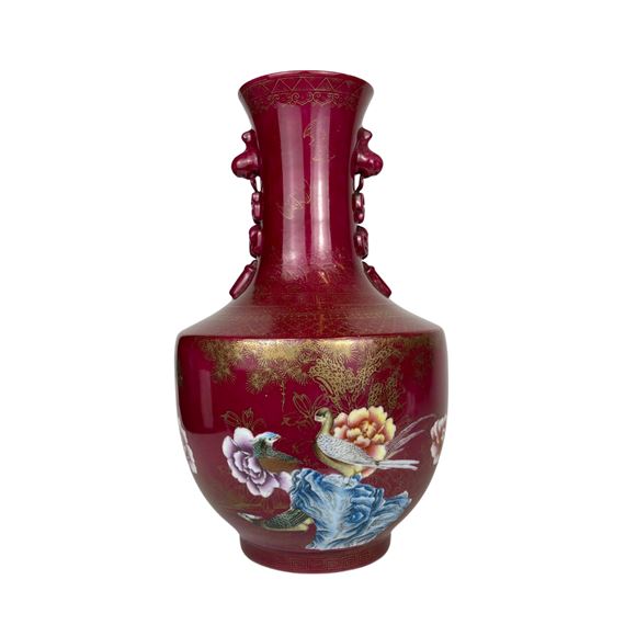 Yongzheng | FALANGCAI RUBY RED GROUND VASE | MutualArt