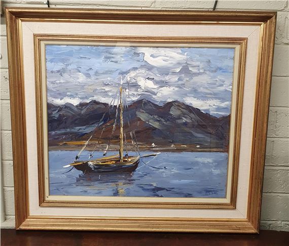 Ivan Sutton | of a Boat in an Estuary setting, Galway Hooker Moored off ...