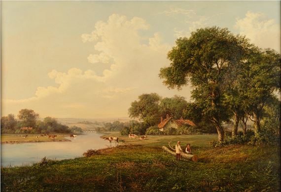 W. H. Williams | Landscape with figures and cattle watering | MutualArt
