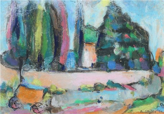 Andelka Gajsak | Landschaft mit Wagen (1974) | MutualArt