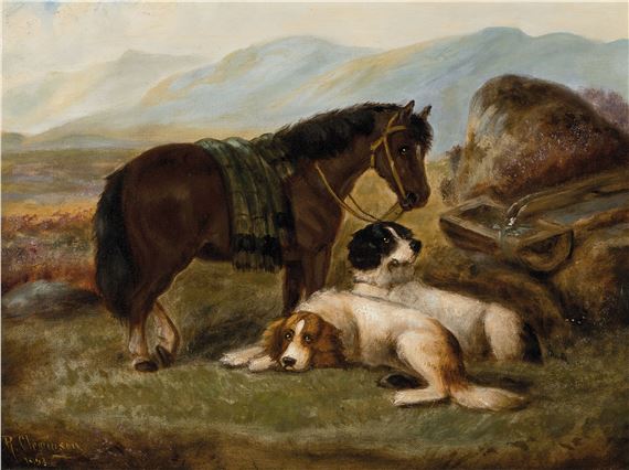 Robert Cleminson | two dogs and a pony in a wide landscape (1903) | MutualArt