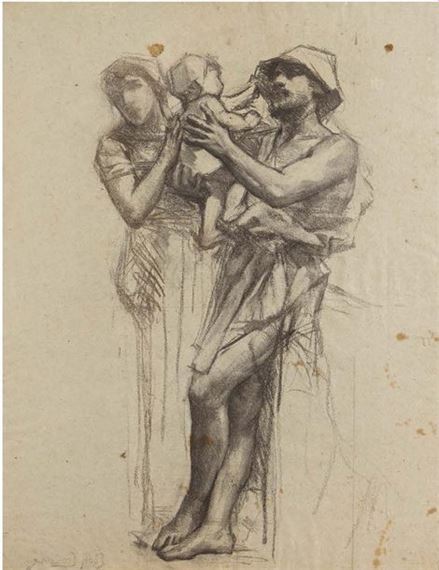 Léon Comerre | Family scene Charcoal and estompe drawing | MutualArt
