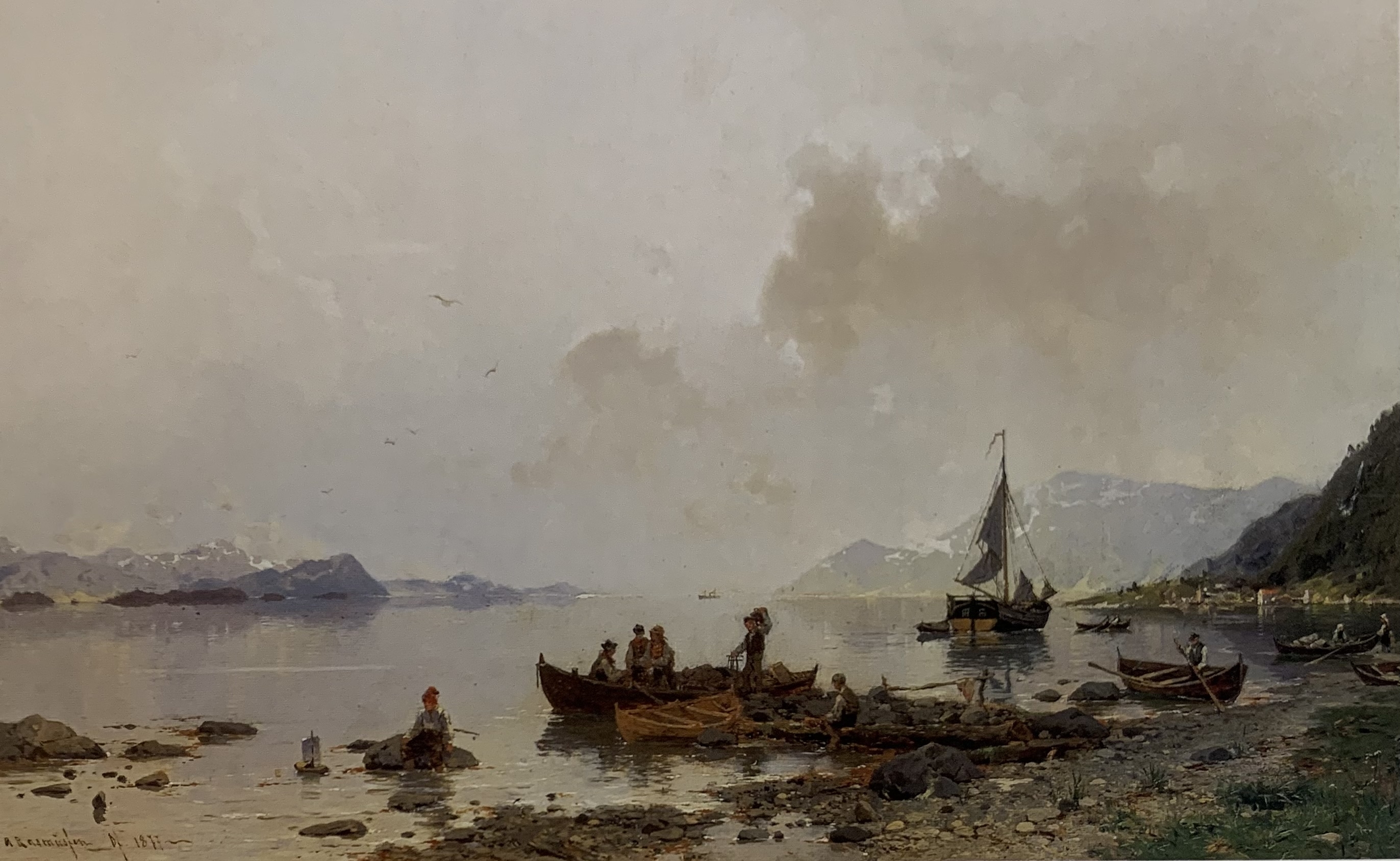 Georg Anton Rasmussen | Fjordlandskap med folkeliv 1877 (1877) | MutualArt