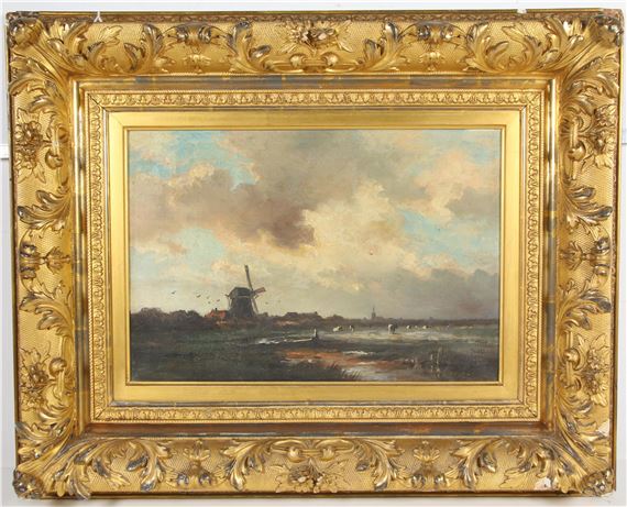 Jan van der Linde | Hollands landschap met koeien in een weiland bij ...