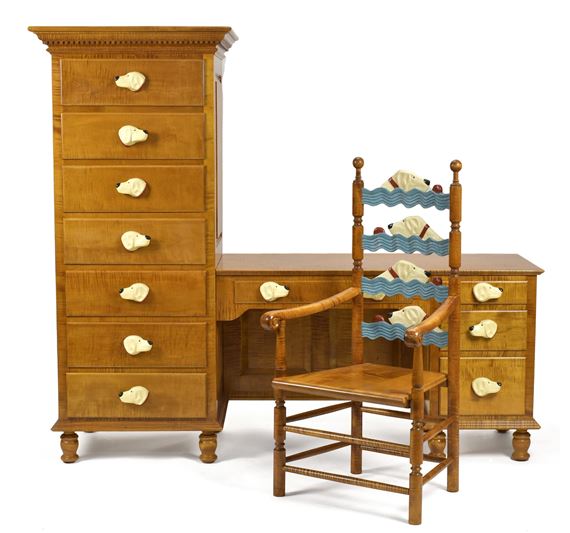 Stephen Huneck | STEPHEN HUNECK TIGER MAPLE DESK & DRESSER, YLW LAB ...