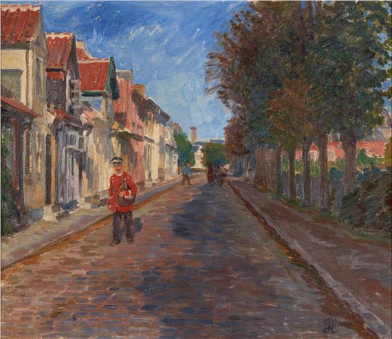 Peter Marius Hansen | A Street Scene with a Uniformed Figure | MutualArt
