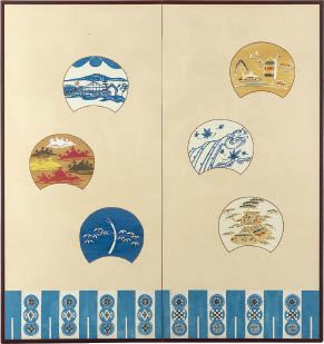 Keisuke Serizawa | Kataezome folding screen covered with fan paintings ...