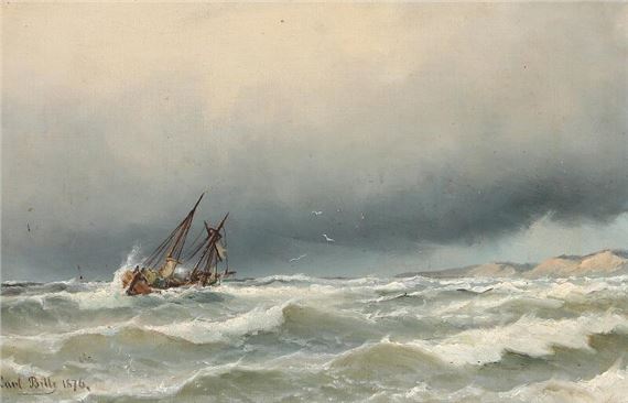 Carl Ludwig Bille | Seascape with ships in rough waters (1876) | MutualArt