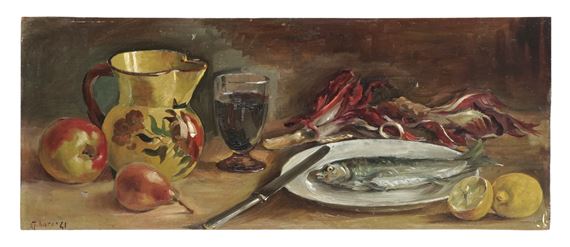 Renzo Tubaro | Natura morta con radicchio e pesce (1941) | MutualArt