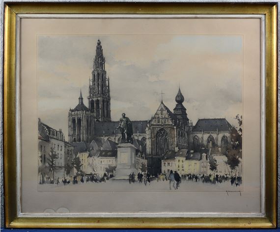 Roger Hebbelinck | Zicht op de Groenplaats”. Een kleurengravure ...