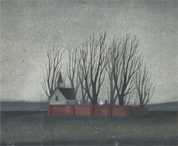 Vlastimil Benes | Cemetery with a red wall (1951) | MutualArt