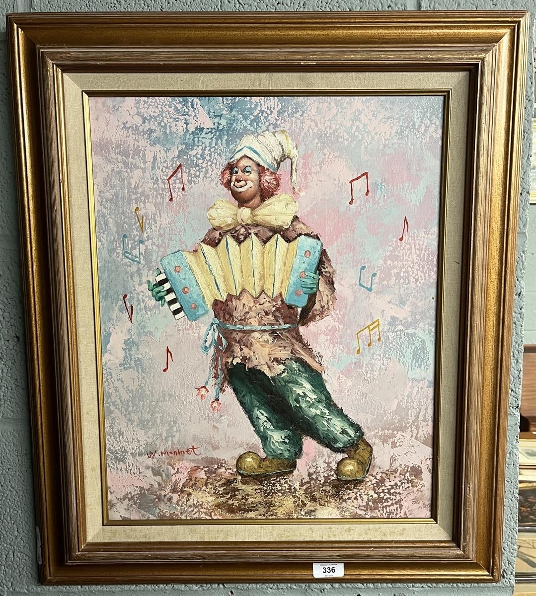 William Moninet | Oil on canvas of clown playing a squeezebox by W Moninet | MutualArt