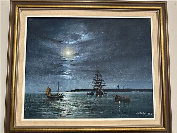 Nigel Hallard | A moonlight seascape with boats (1960) | MutualArt