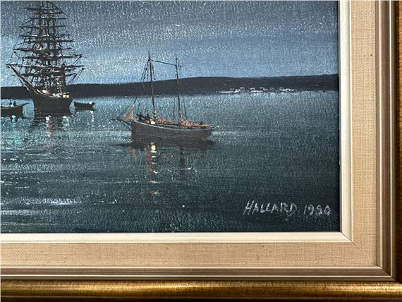 Nigel Hallard | A moonlight seascape with boats (1960) | MutualArt