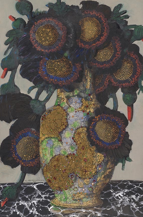 Carl Strathmann | Stilleben mit Sonnenblumen in ornamentaler Vase (1916 ...