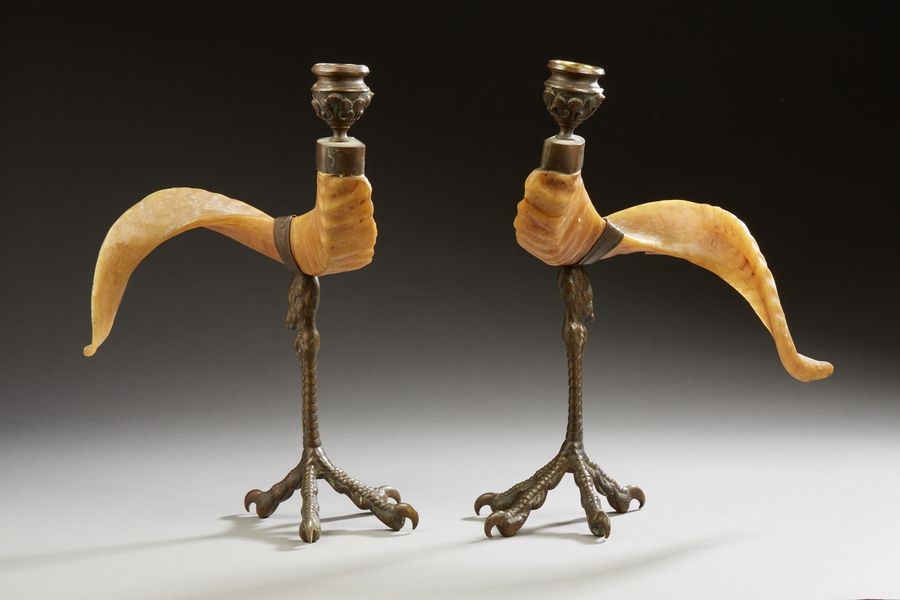 Anthony Redmile | Pair of bronze torches, the shaft in ram's horn, the ...