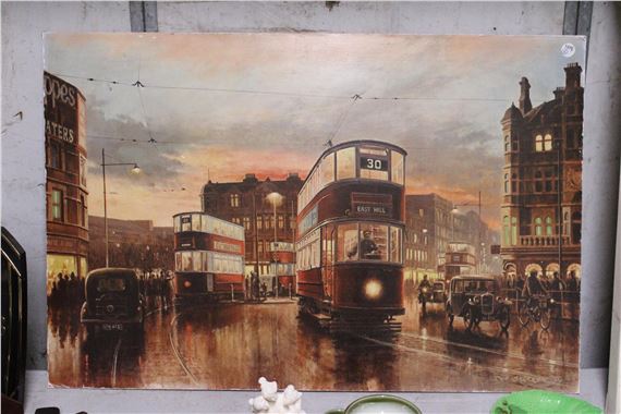 Don Breckon | A DON BRECKON SIGNED PRINT OF A STREET SCENE WITH TRAMS ...