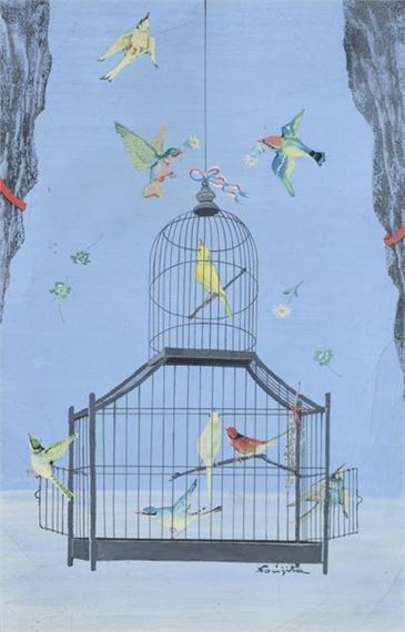 Leonard Tsuguharu Foujita | The birdcage Circa 1955 Mixed media (Circa 1955) | MutualArt