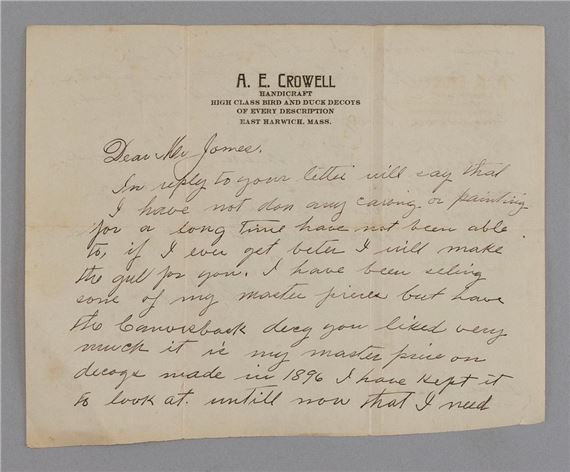 A. Elmer Crowell | RARE A. ELMER CROWELL LETTER TO LONGTIME PATRON ...