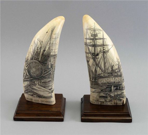 William Perry | PAIR OF LARGE ENGRAVED WHALE'S TEETH BY WILLIAM PERRY ...