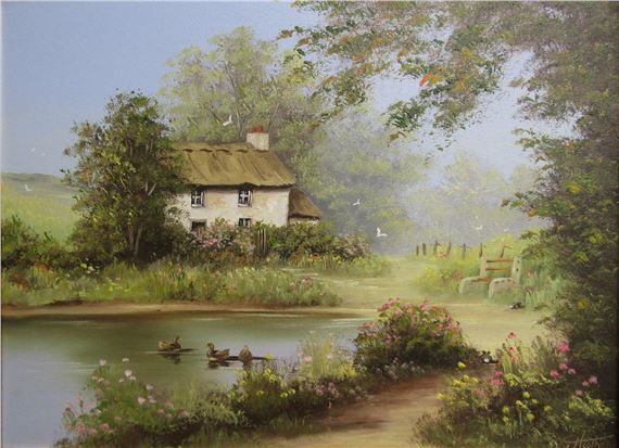 Terry Heath | Framed Terry Heath oil on canvas depicting thatched ...