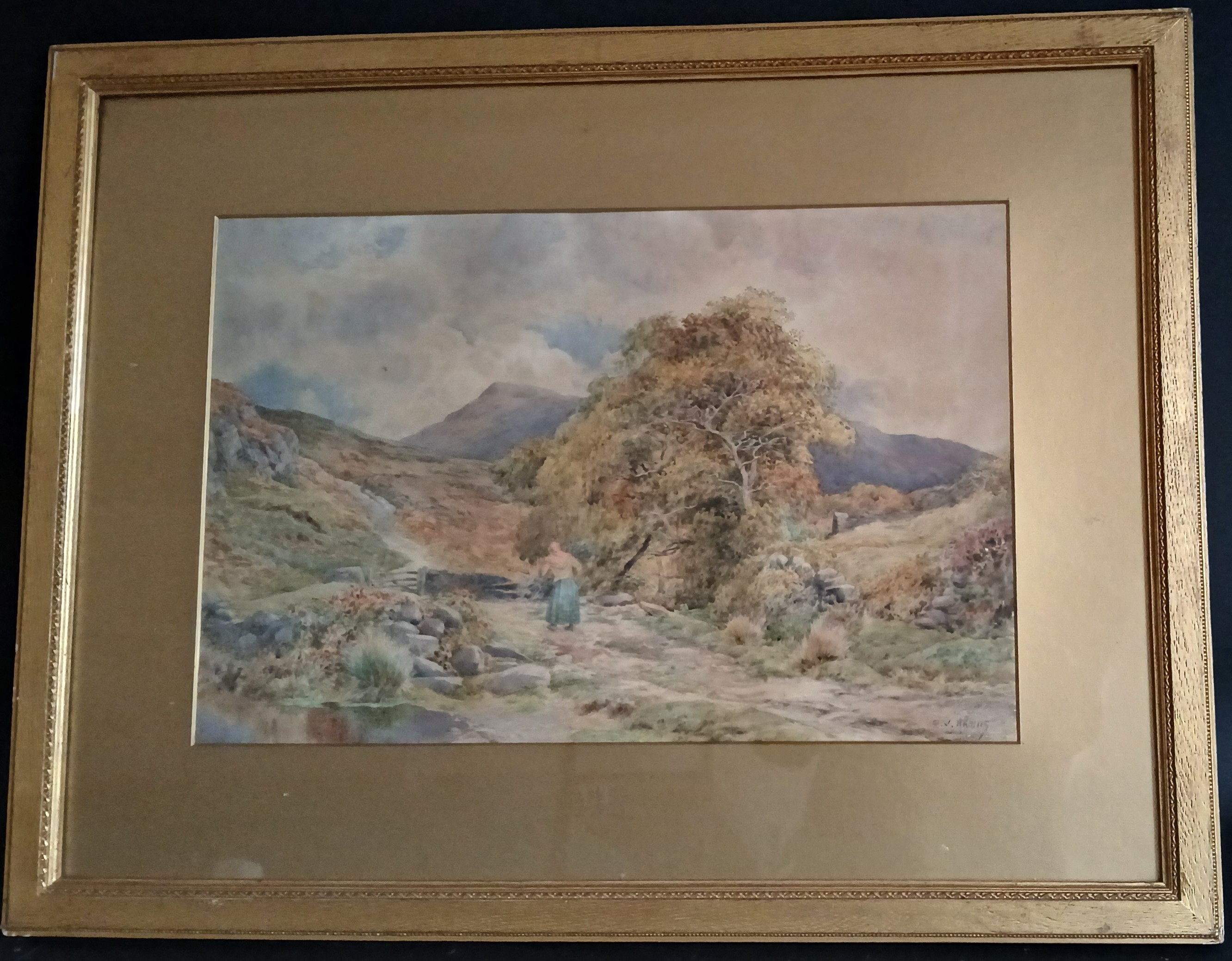 C.J.. Adams | Large framed watercolour depicting lady gathering sticks ...