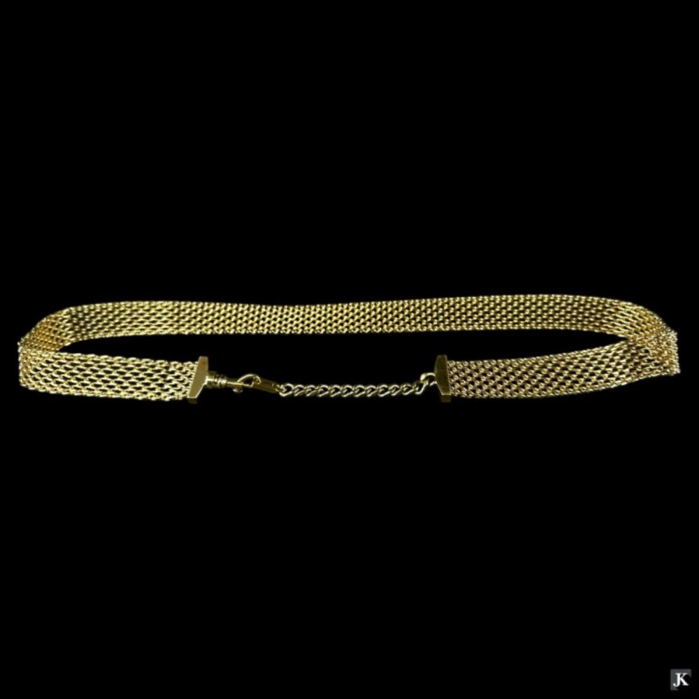 Designer | St John Runway Gold Tone Mesh Long & Wide Necklace | MutualArt